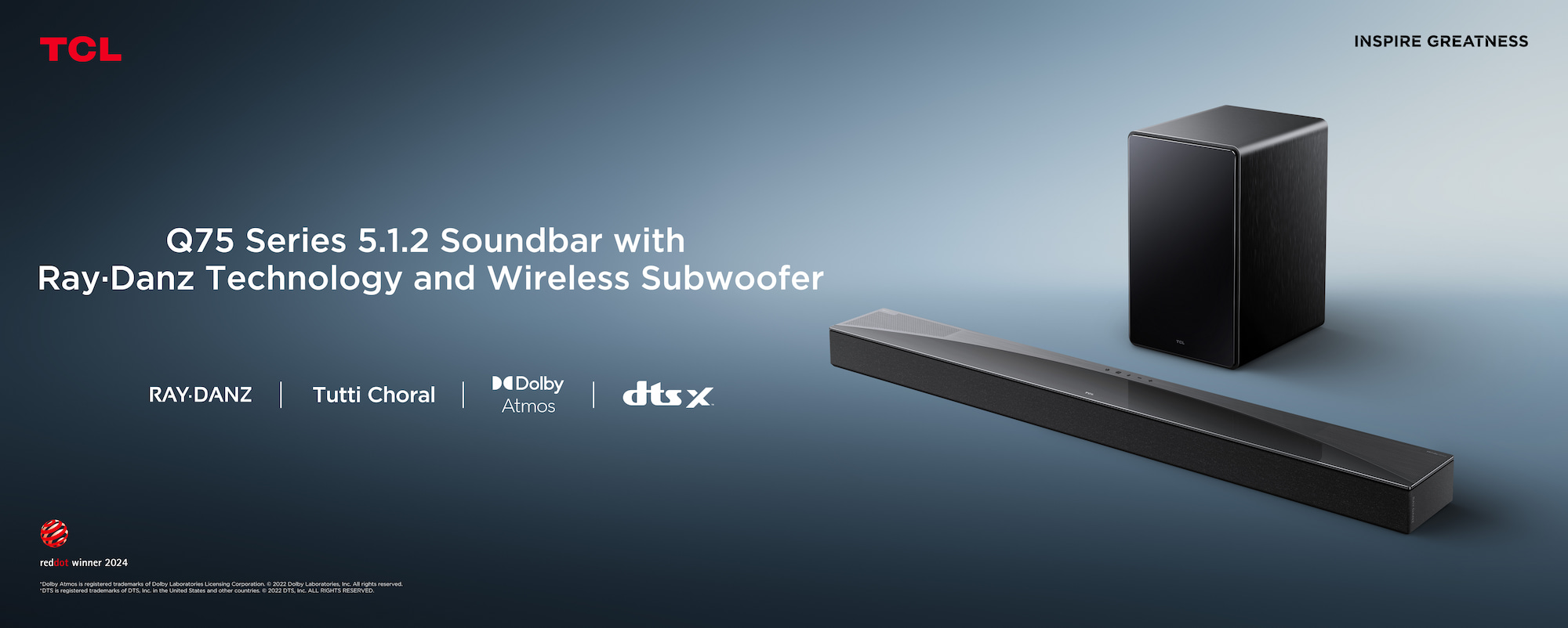 Barra de Sonido TCL Serie Q75 5.1.2 con Tecnología Ray•Danz y Subwoofer Inalámbrico